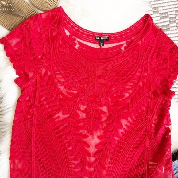 Express | Tops | Express Red Sheer Lace Crop Top M | Poshmark